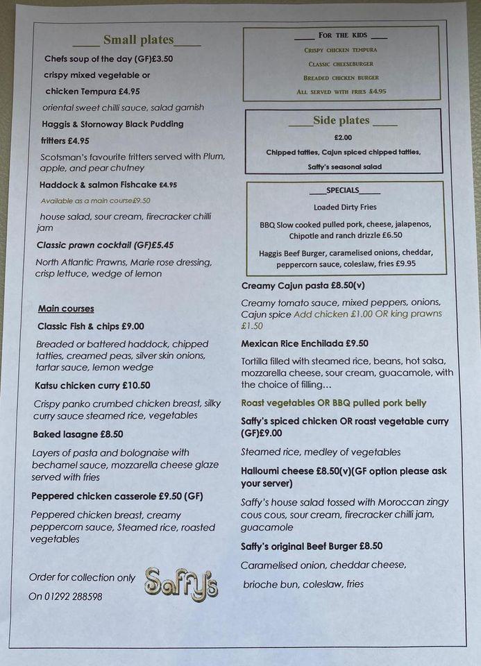 Menu at Saffy's Bistro restaurant, Ayr