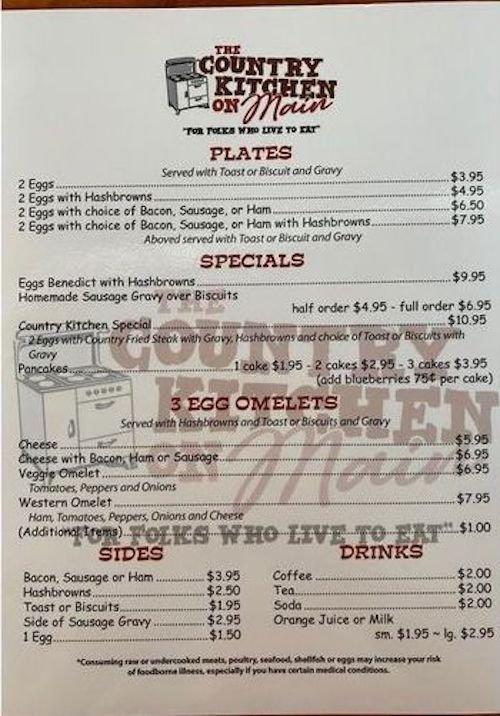 Menu at The Country Kitchen on Main restaurant, Crossville