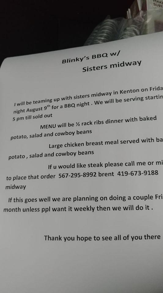 Menu at Blinky's BBQ, McGuffey
