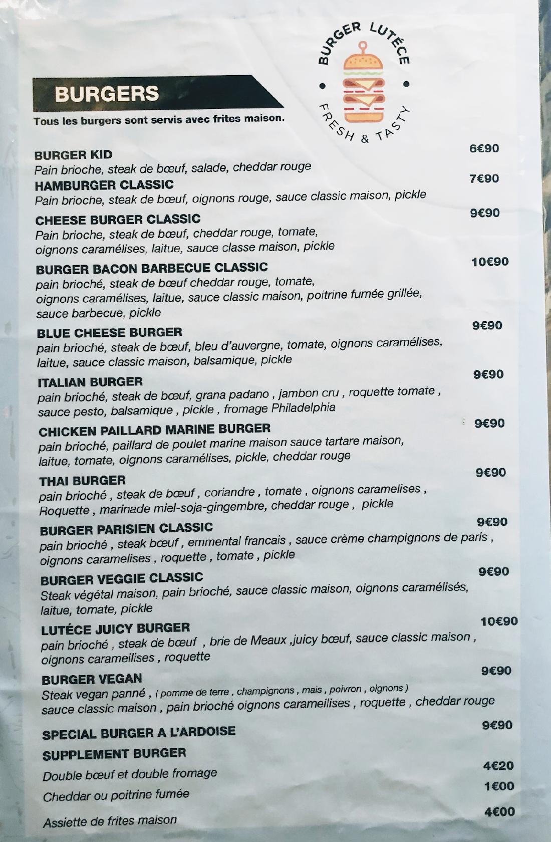 Menu at Burger Lutéce restaurant, Paris