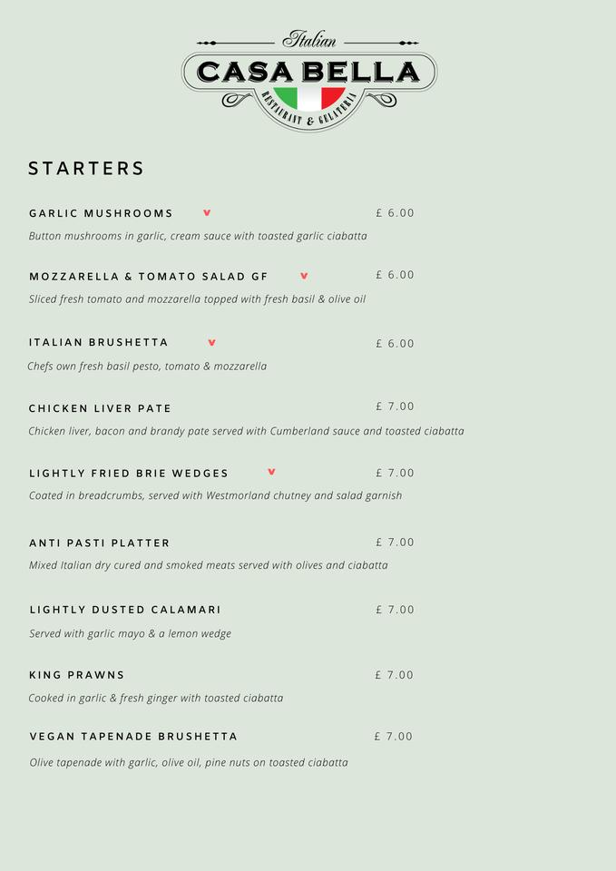 Menu at Casa Bella restaurant, Keswick