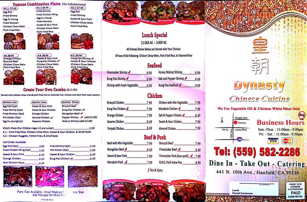 Menu at Dynasty Chinese Cuisine restaurant, Hanford