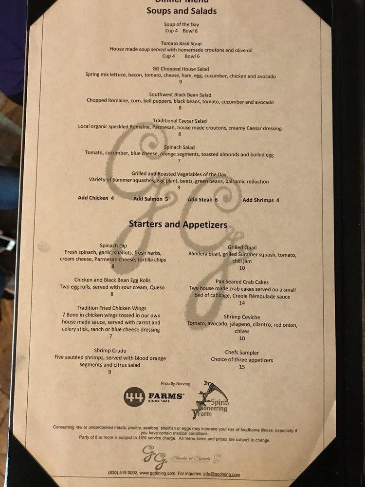 Menu at G G Steaks & Spirits steakhouse, Gonzales
