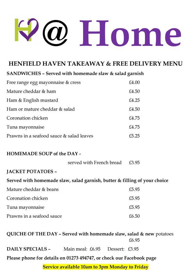 Menu at Henfield Haven cafe, Henfield