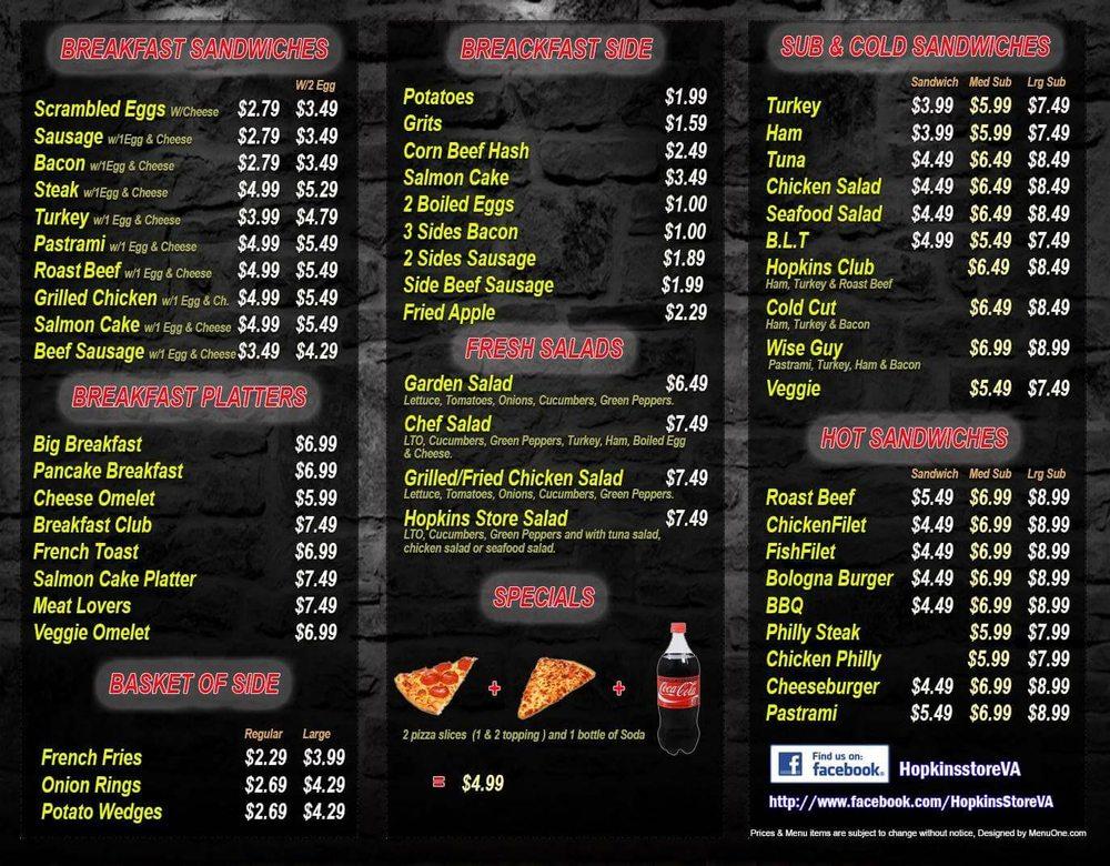 Menu at Hopkins Store pizzeria, Richmond