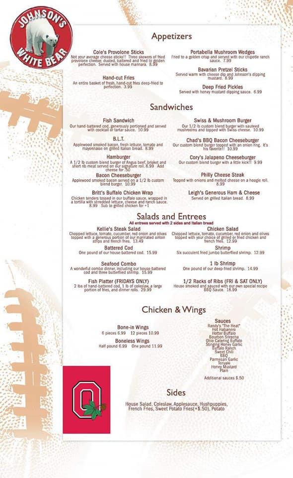 Menu at Johnson's White Bear Inn steakhouse, East Springfield