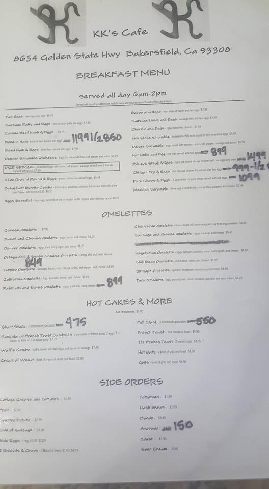 Menu at KK's Cafe, Bakersfield, 8654 Golden State Hwy