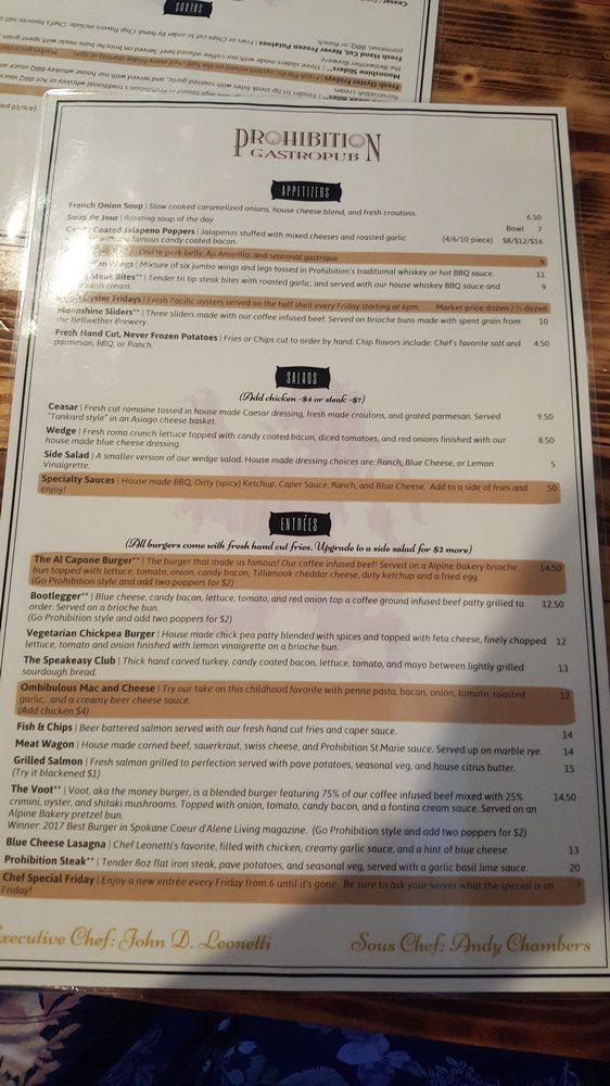 Menu at Prohibition Gastropub, Spokane