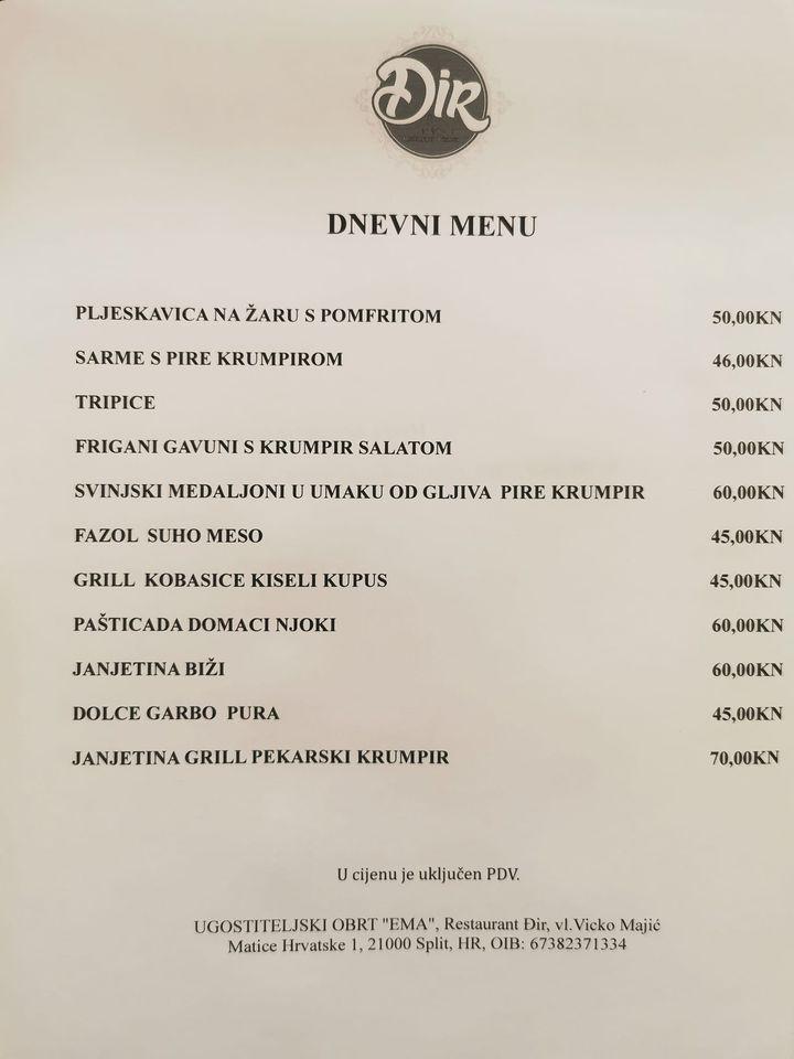 Menu at Restaurant Pizzeria Dir, Split