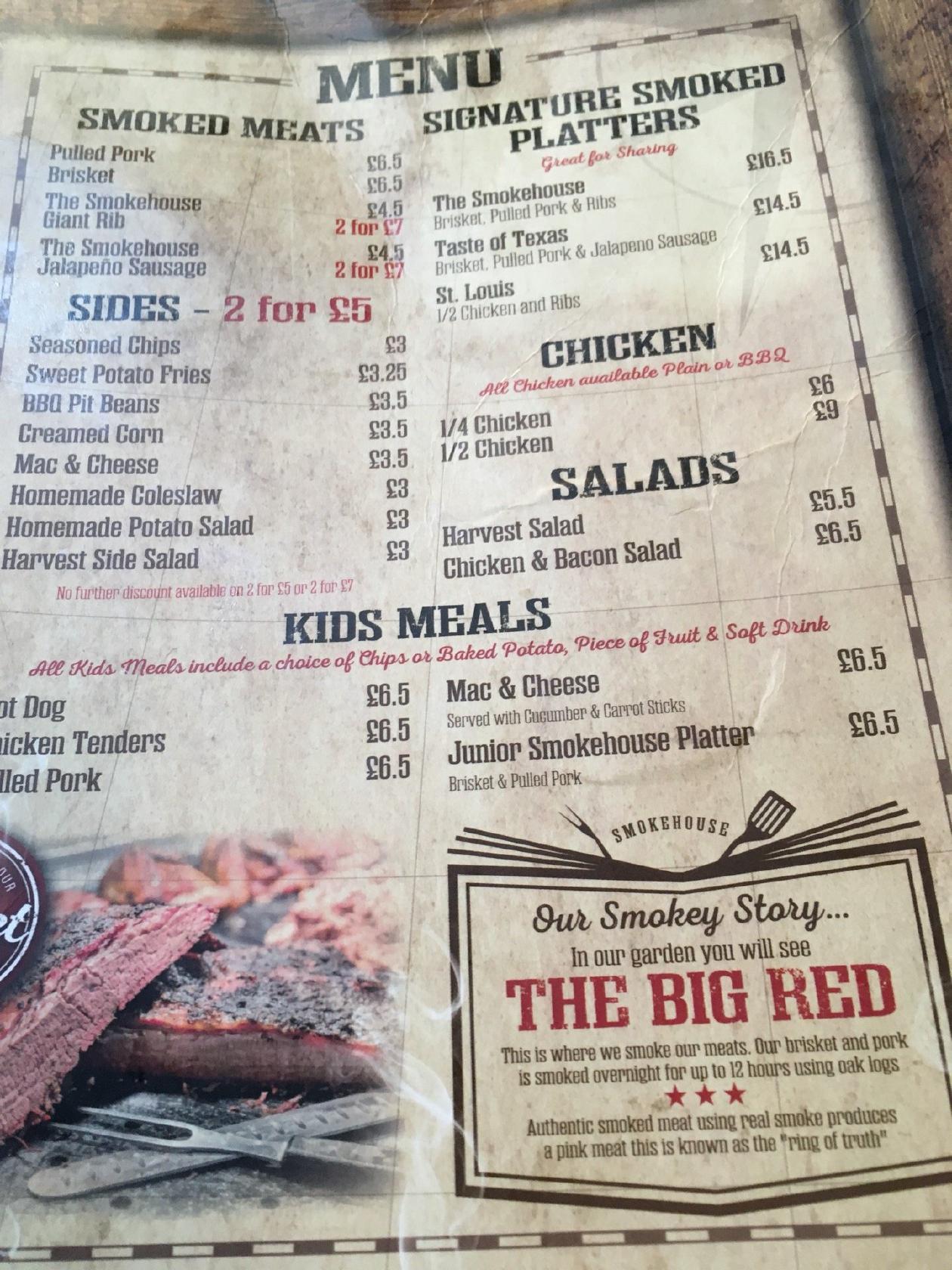 Menu at Smokehouse BBQ, Chessington