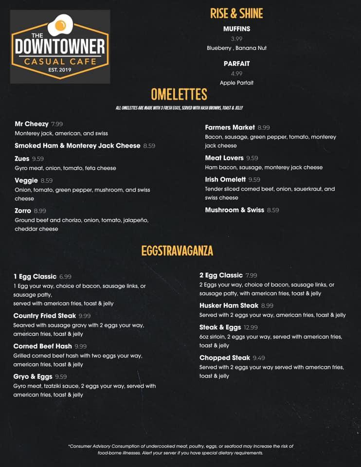 Menu at The Downtowner cafe, Nebraska City