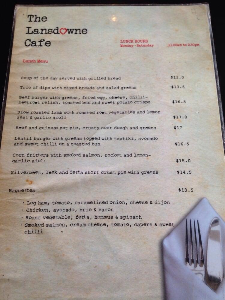 Menu at The Lansdowne Cafe, West Hobart