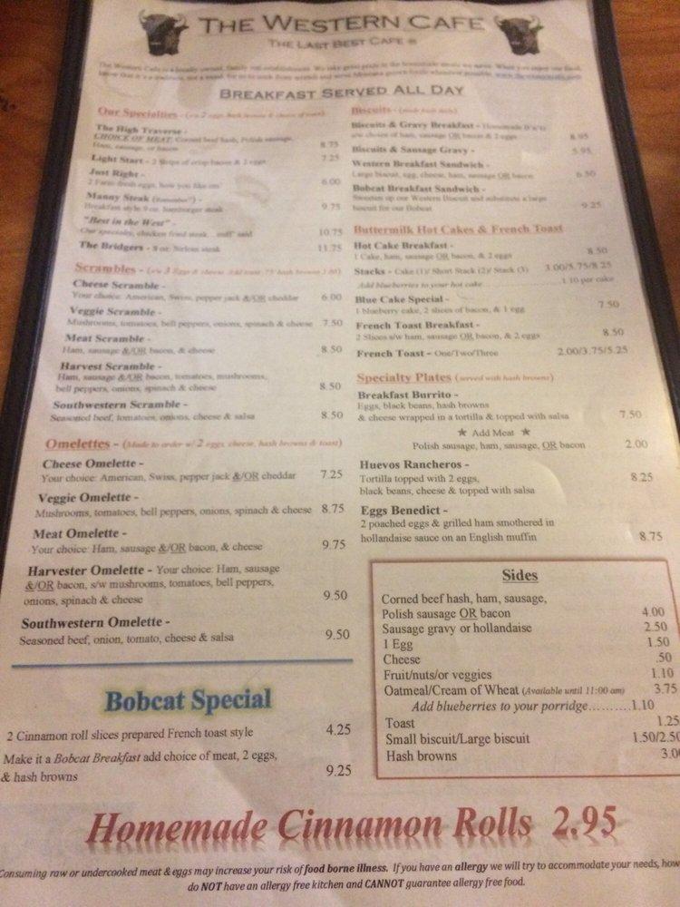Menu at Western Café restaurant, Bozeman