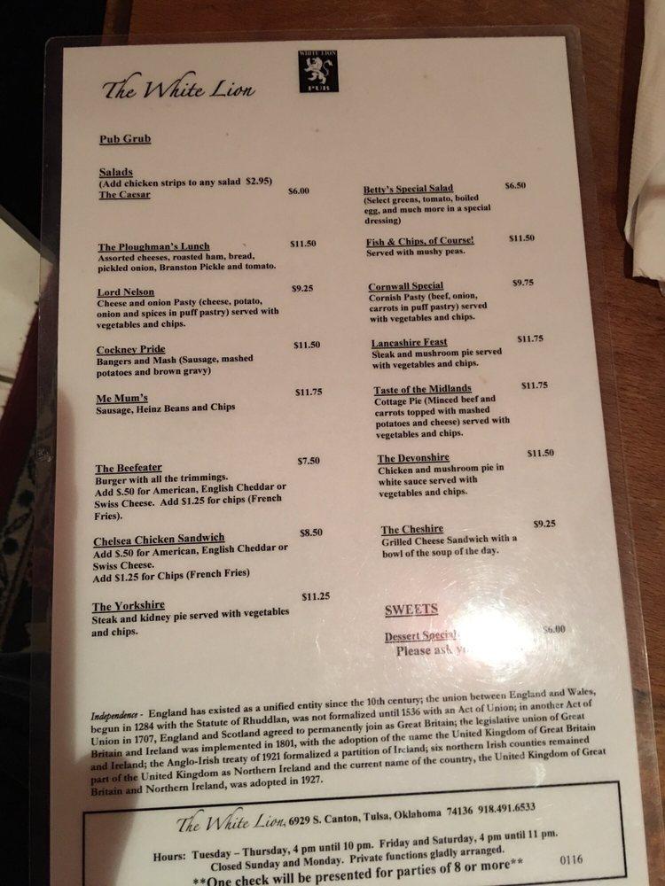 Menu at White Lion Pub, Tulsa, S Canton Ave