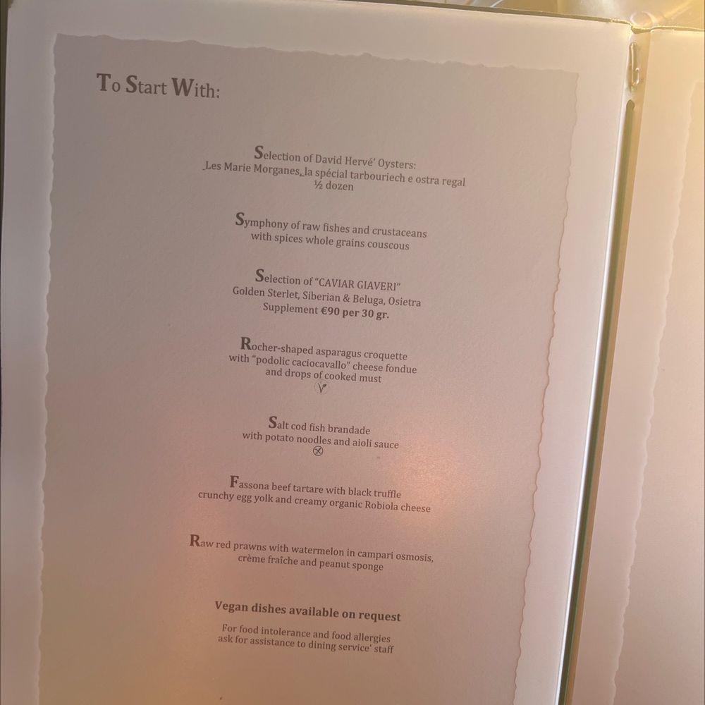 Carta del restaurante Mirabelle, Roma