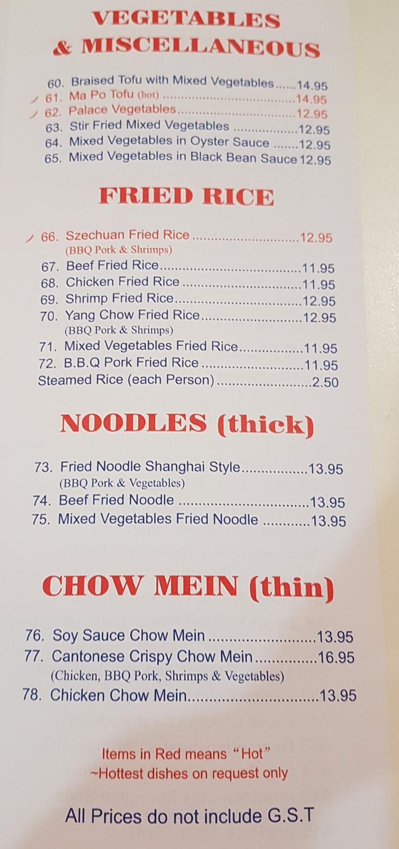Menu at Oriental Palace restaurant, Invermere