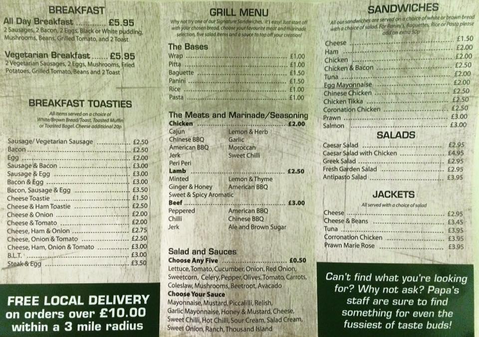 Menu at Papa's Cafe Bistro, Liverpool