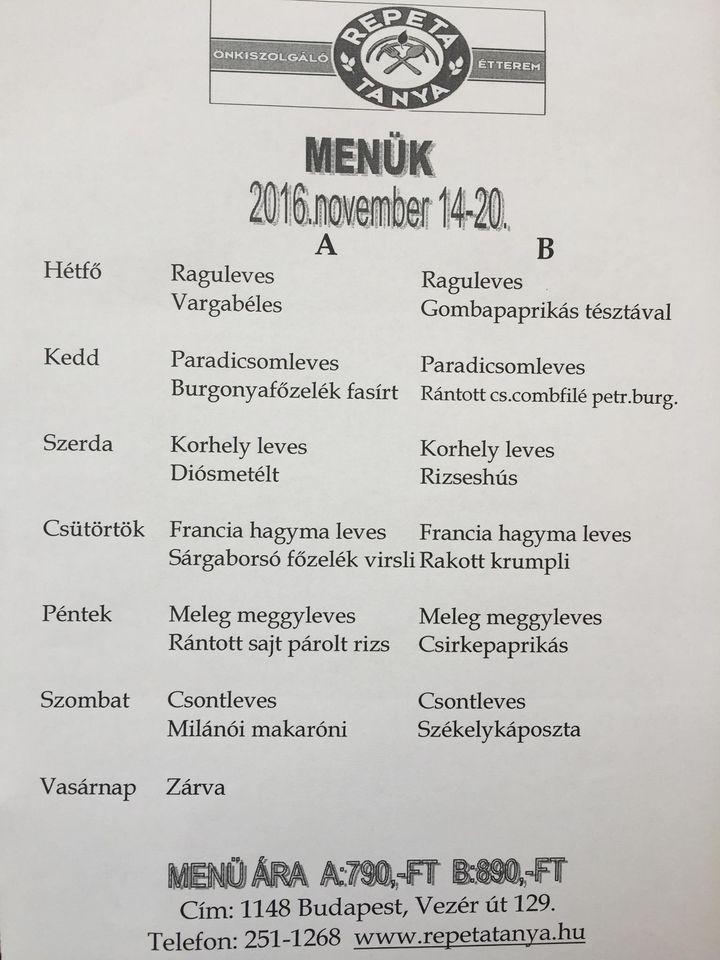 Menu at Repeta Tanya restaurant, Budapest