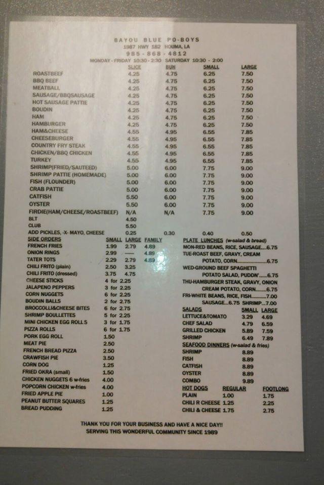 Menu at Bayou Blue Po-Boys restaurant, Houma, LA-182