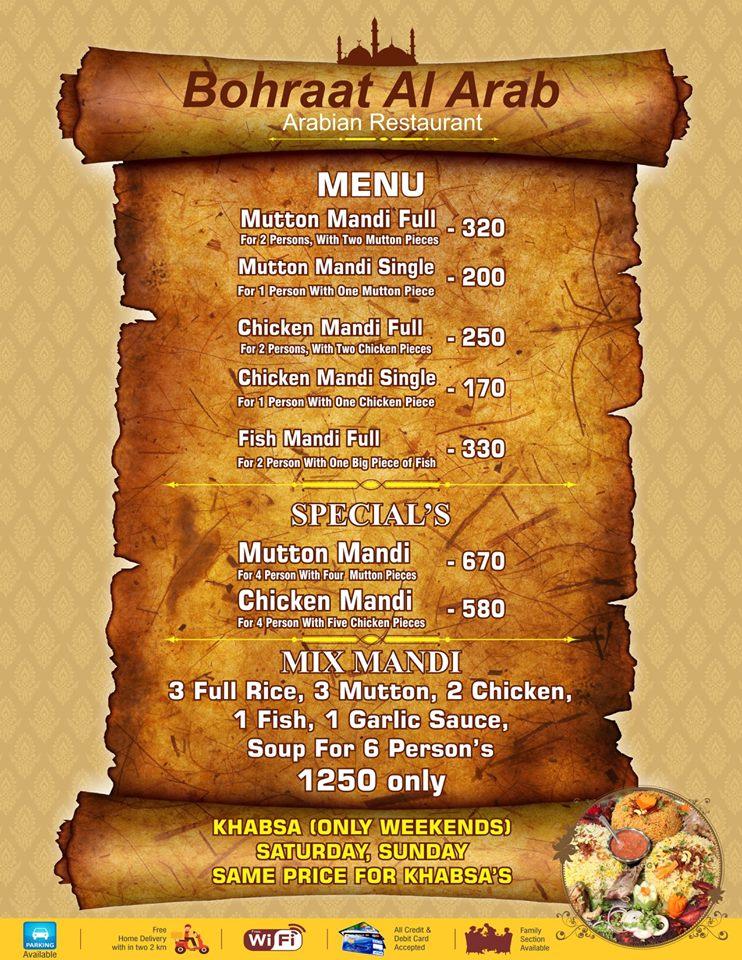 Menu at Bohraat Al Arab, Hyderabad, Malakpet