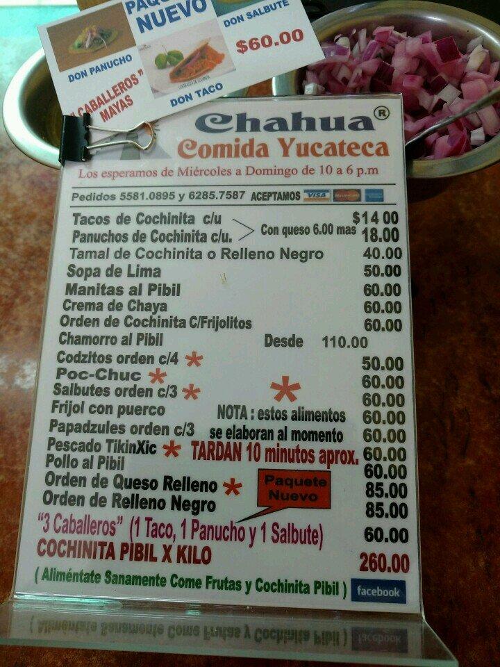 Menu at Chahua restaurant, Mexico City