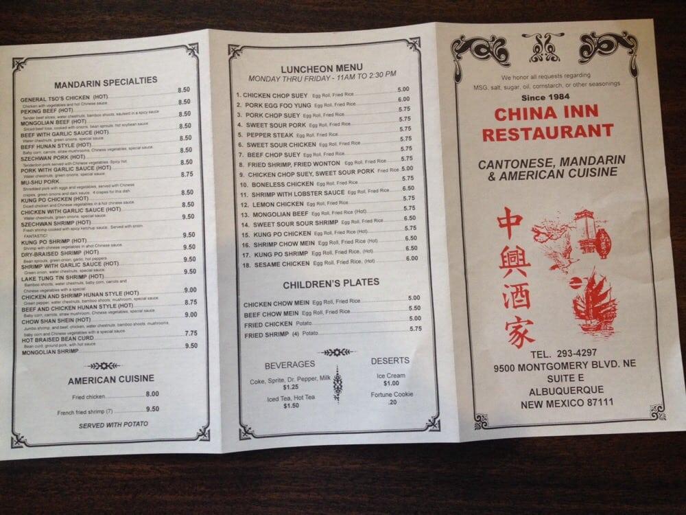 Menu at China Inn Restaurant, Albuquerque