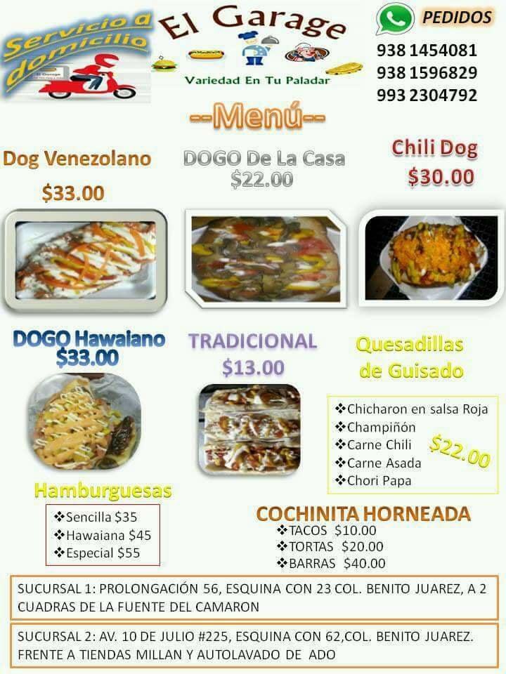 Menu at El Garage restaurant, Ciudad del Carmen