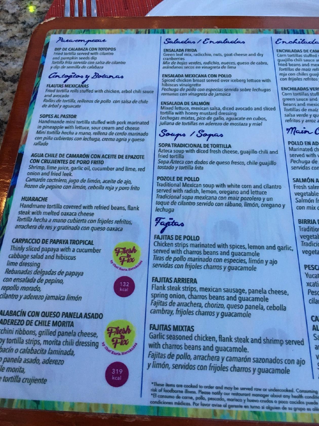 Menu at Frida restaurant, Puerto Aventuras