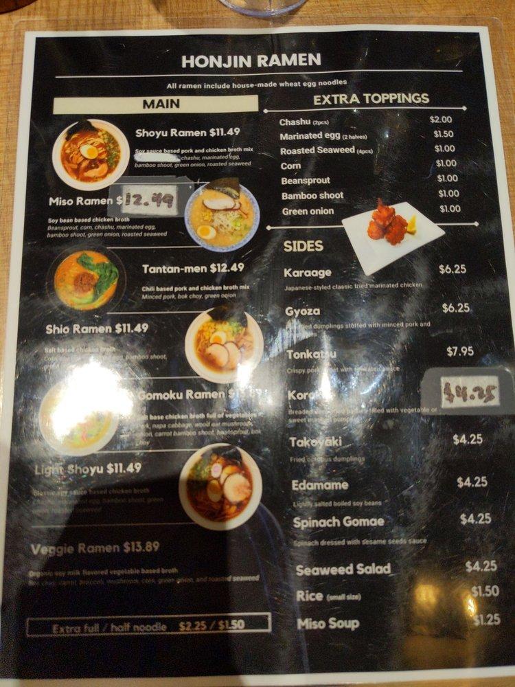 Menu at Honjin Ramen restaurant, Coquitlam