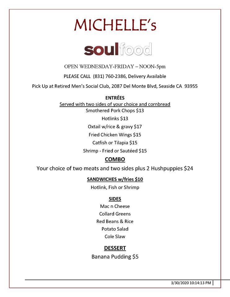 Menu at Michelle's Soul Food Kitchen restaurant, Seaside