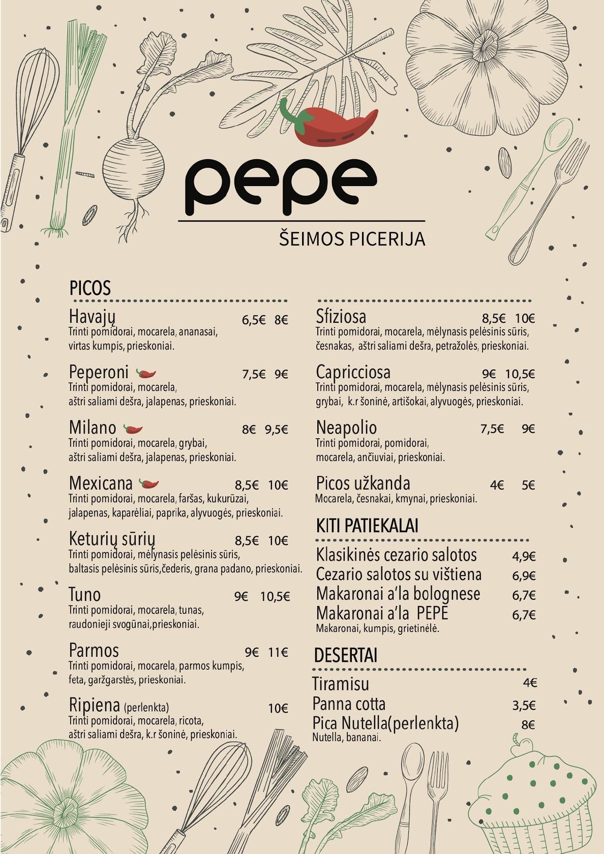 Menu at Picerija Pepe restaurant, Klaipėda