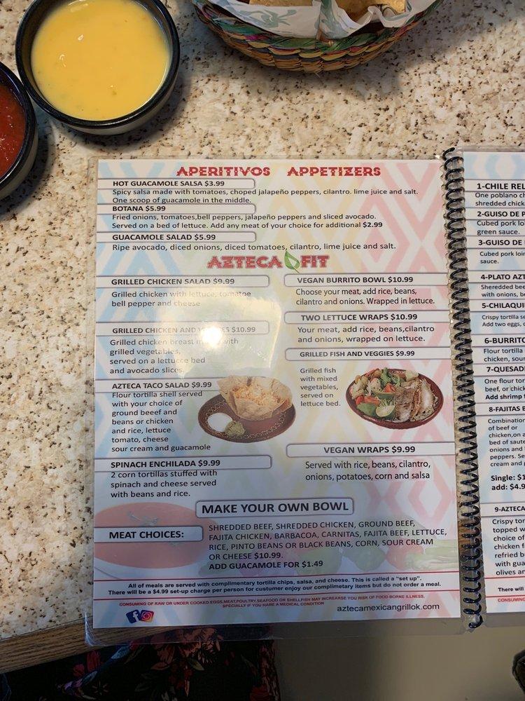 Menu at Azteca Mexican Grill restaurant, Oklahoma City