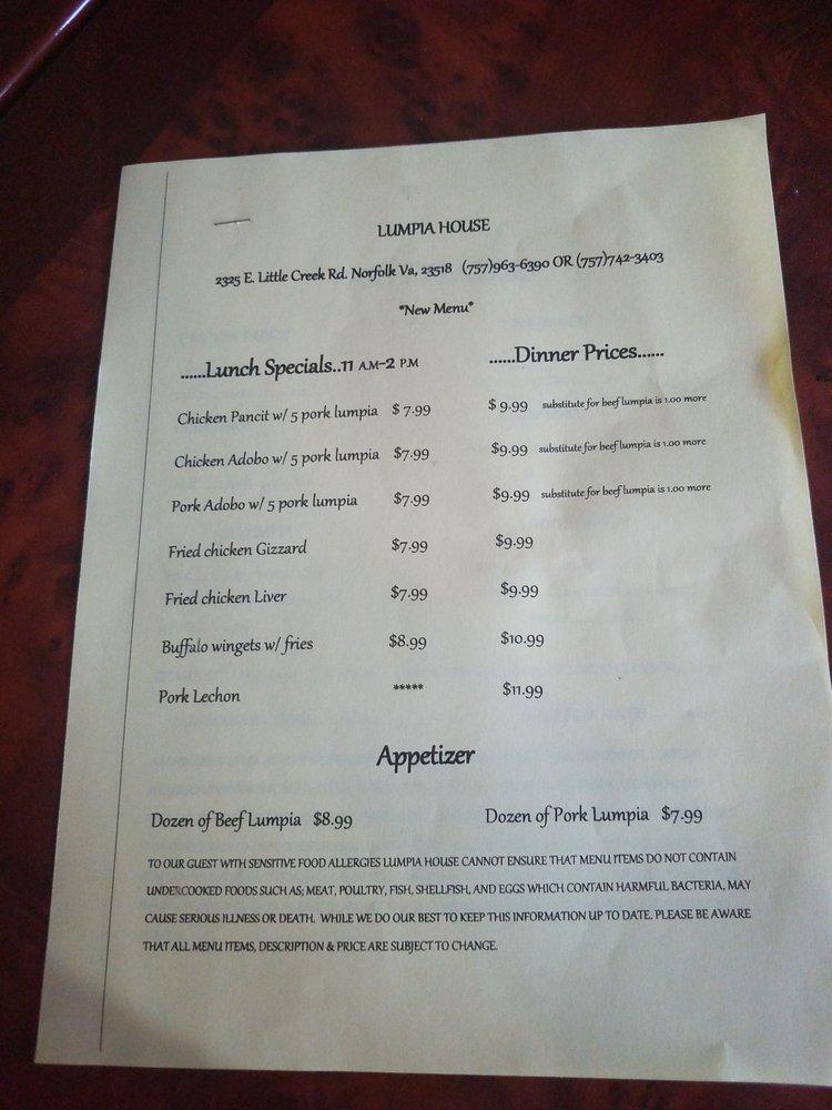 Menu at Lumpia House restaurant, Norfolk, E Little Creek Rd