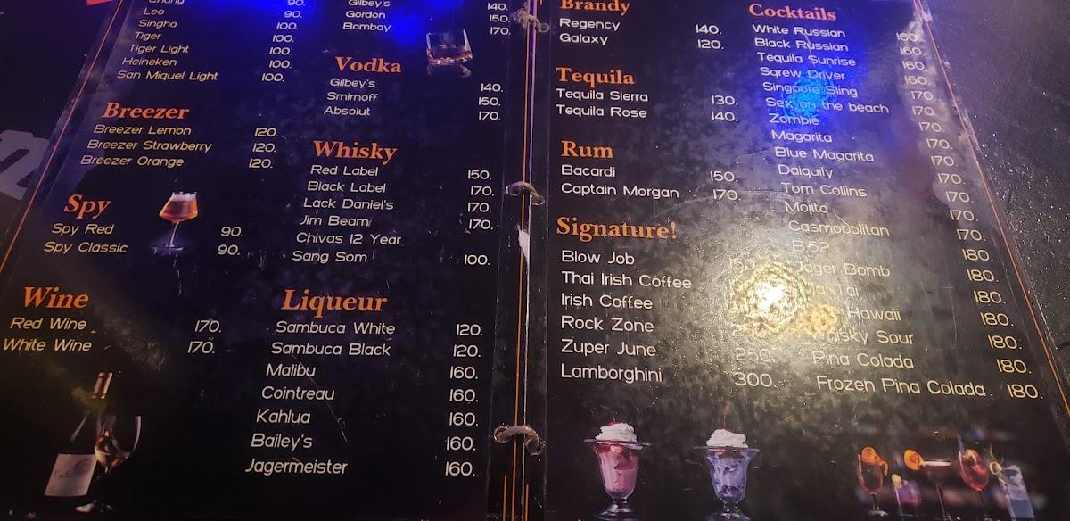Menu at Rock Zone Bar and Live Music, Hua Hin