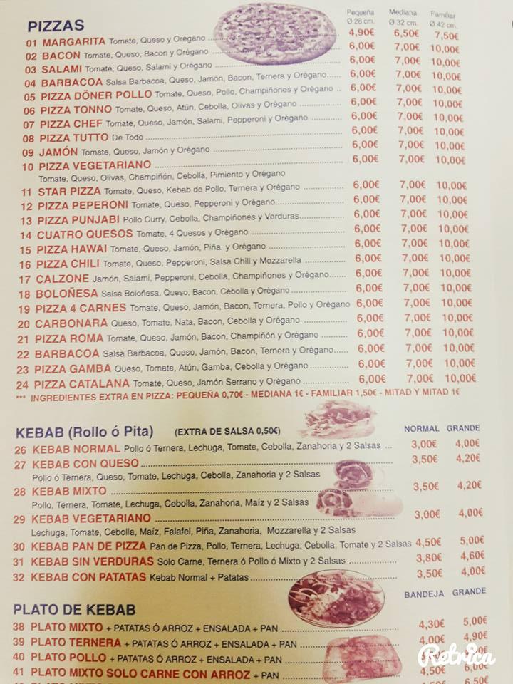 Menu at Star pizza pizzeria, Alicante