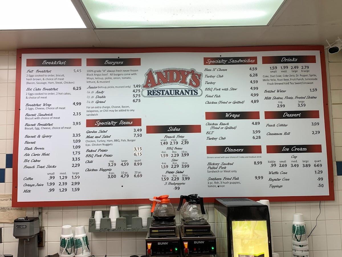 Menu at Andy's restaurant, Arkadelphia