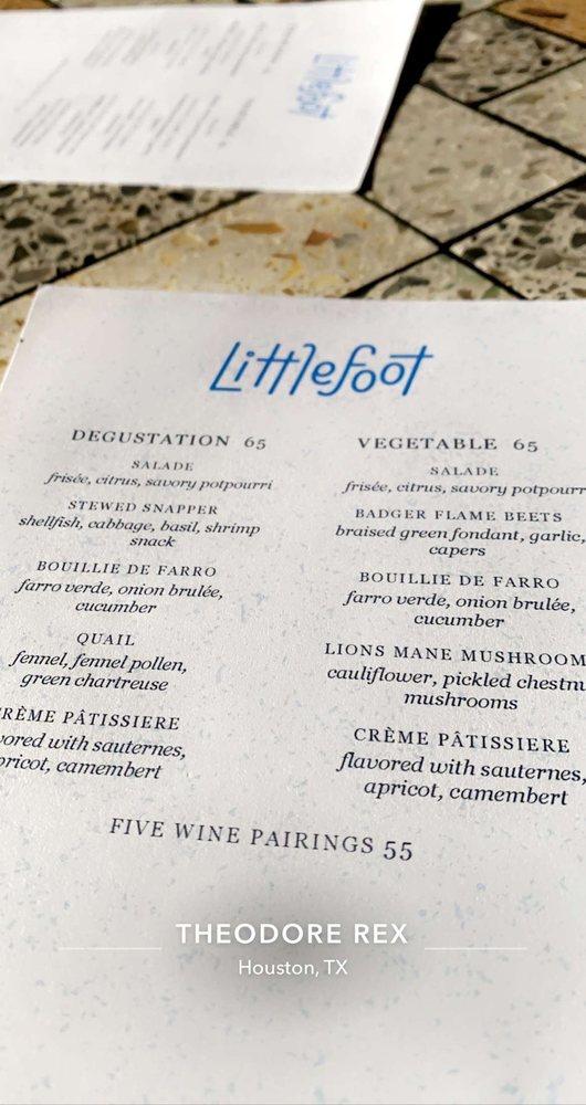 Menu at Littlefoot restaurant, Houston