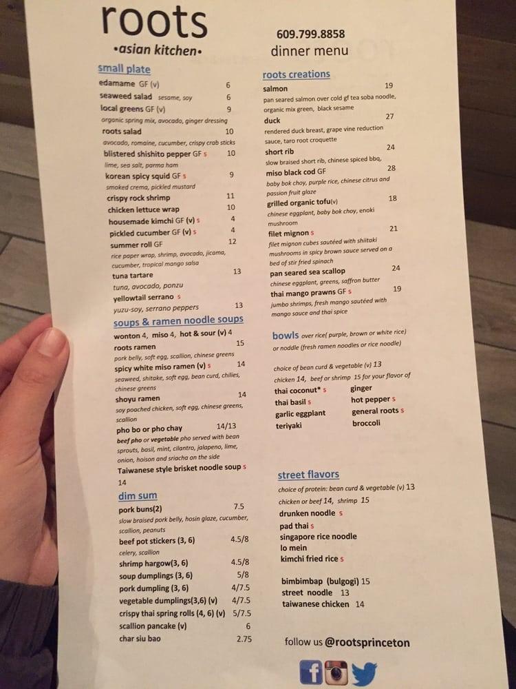 Menu at roots restaurant, Princeton
