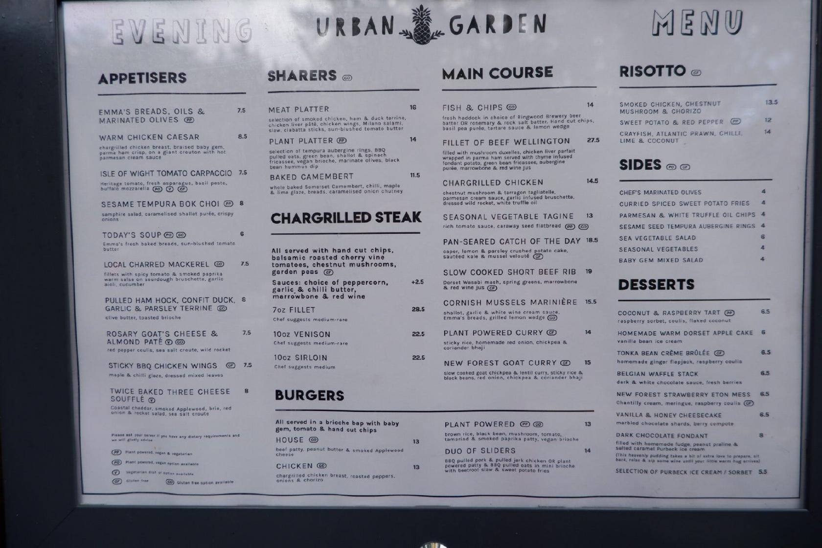 Menu at Urban Garden restaurant, Bournemouth