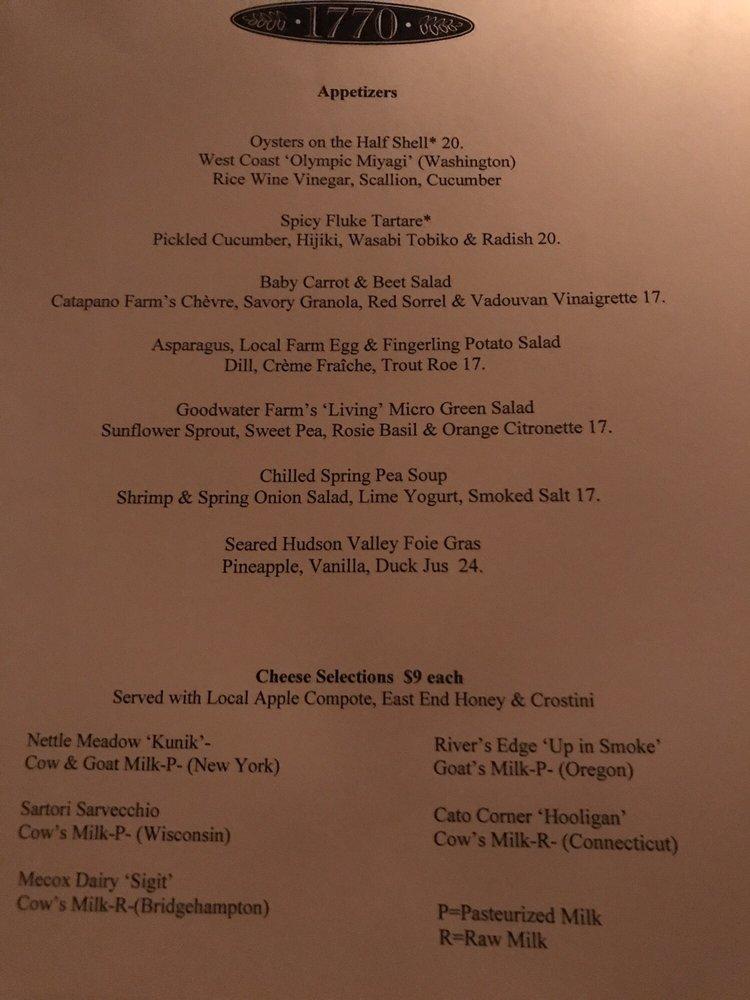Menu at 1770 House Restaurant & Inn, East Hampton