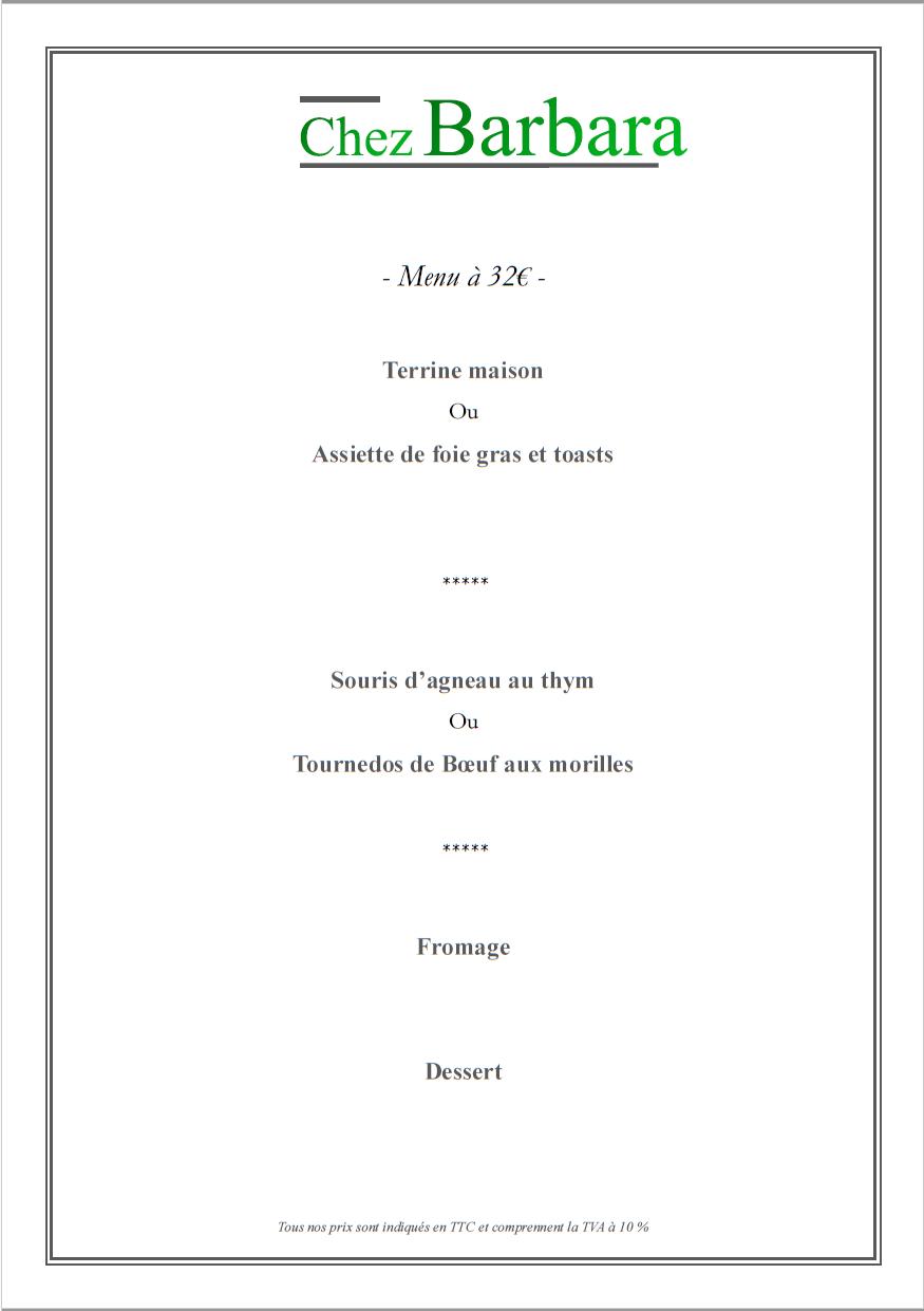 Menu at Chez Barbara, Censeau, 1 Rue de la Diligence