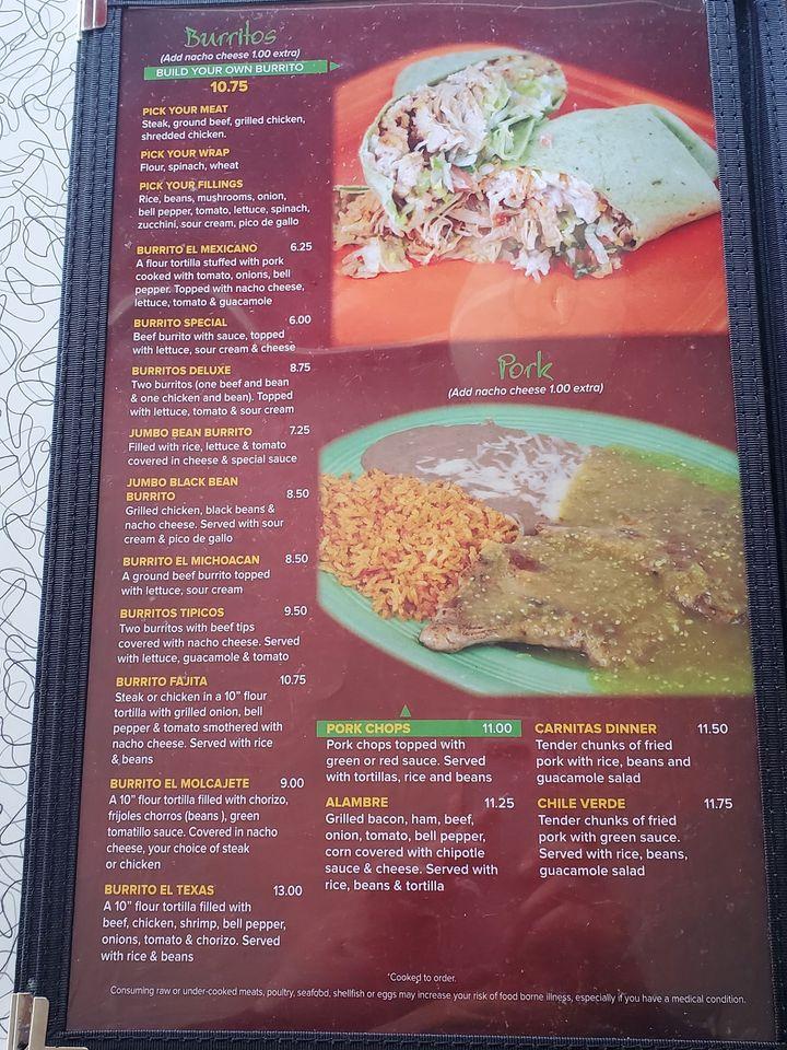 Menu at El Michoacan Mexican restaurant, Gaffney
