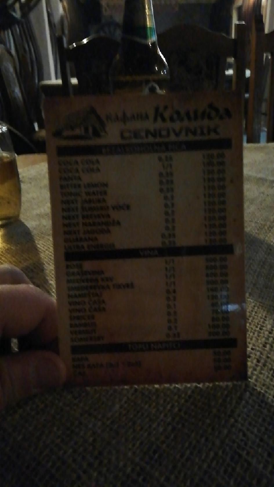 Menu at Koliba cafe, Ćićevac