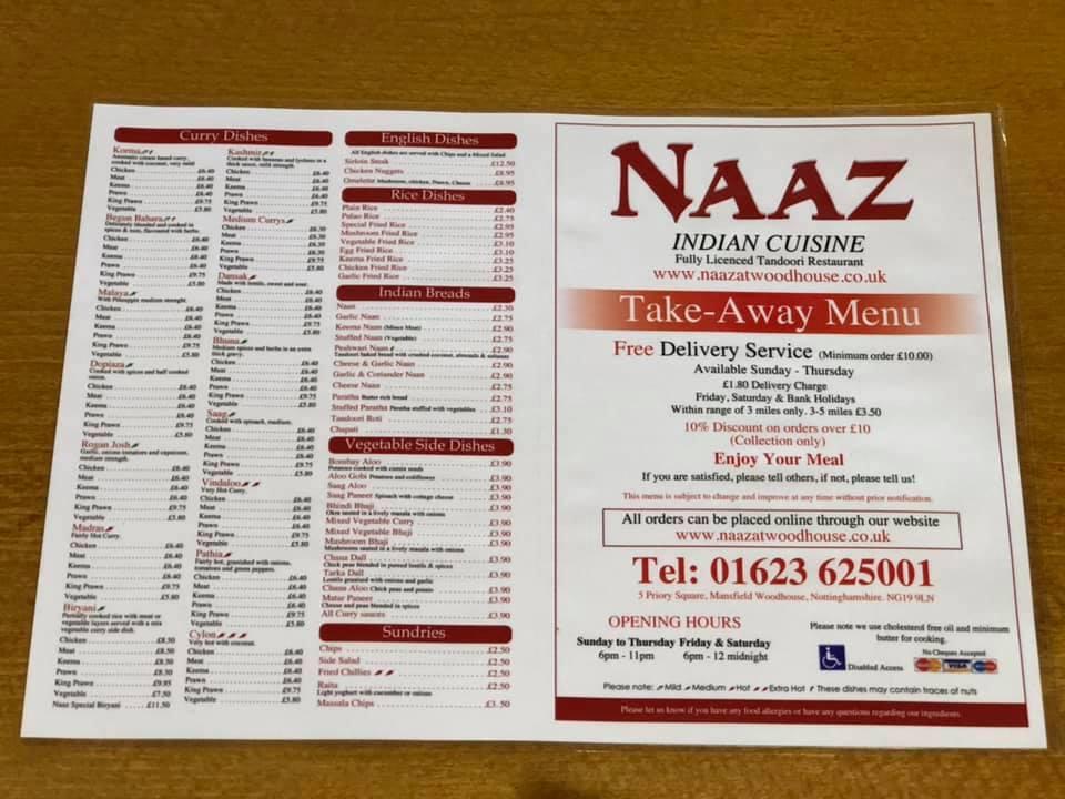 Menu at Naaz Indian Cuisine restaurant, Mansfield