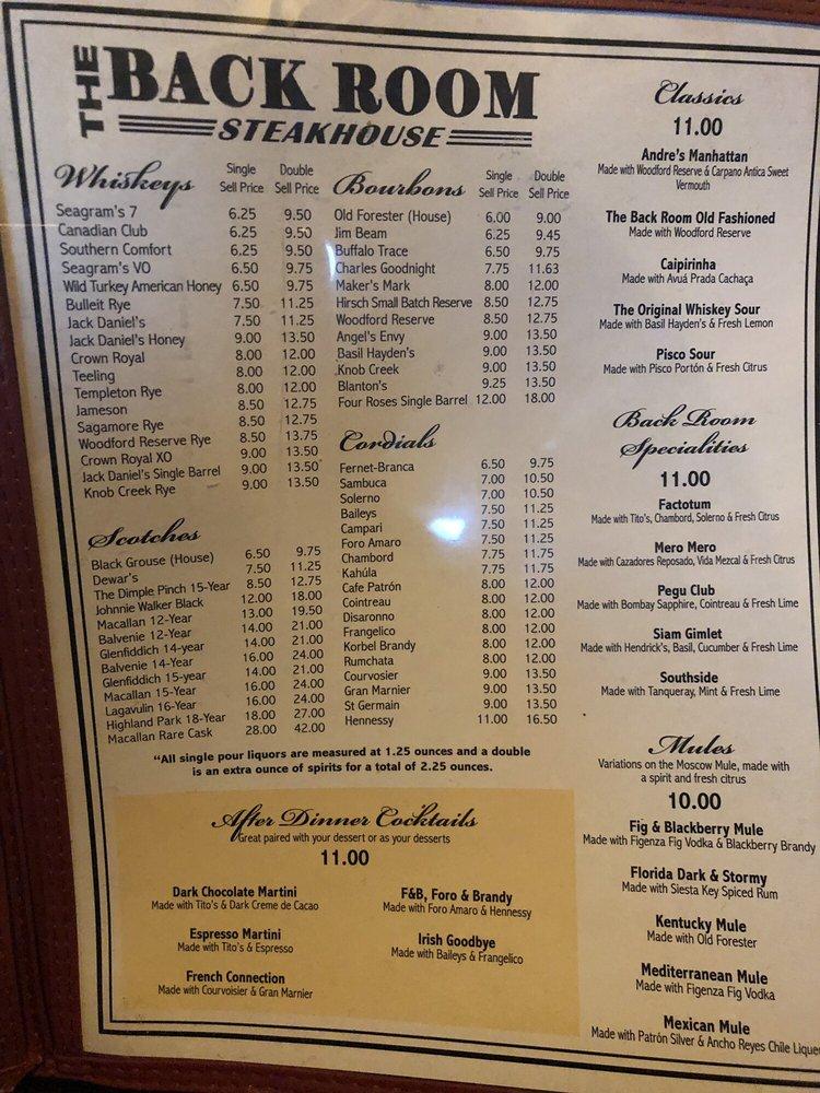 Menu at The Back Room Steakhouse, Apopka
