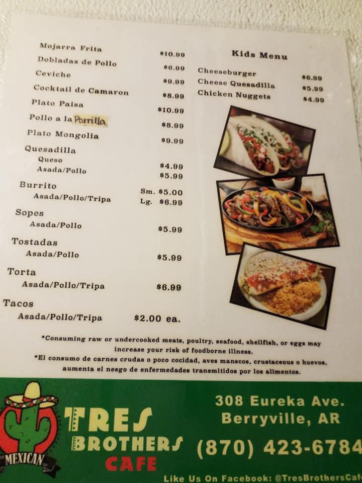 Menu at Tres Brothers Café restaurant, Berryville