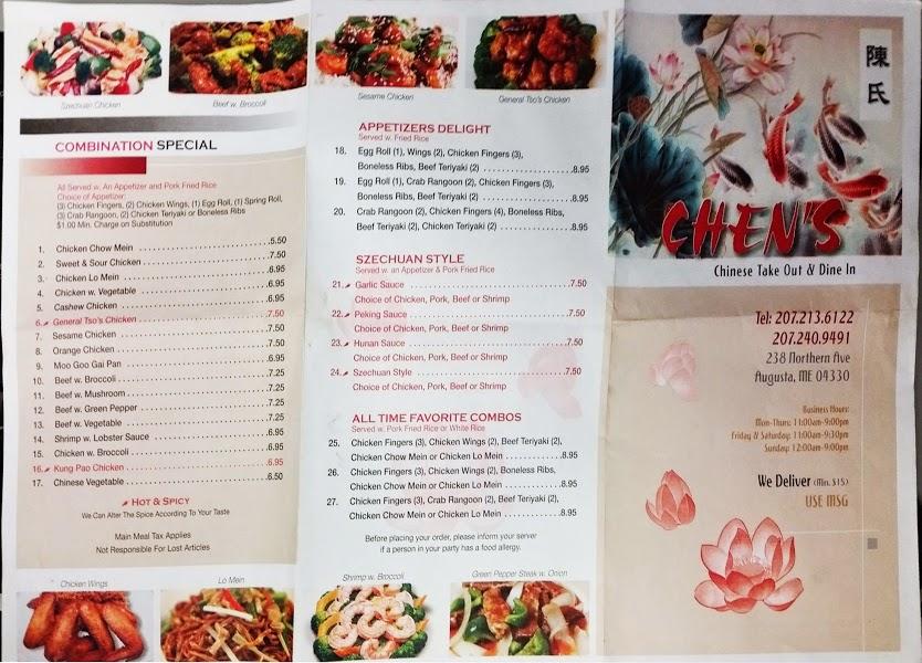 Menu at Chen's restaurant, Augusta