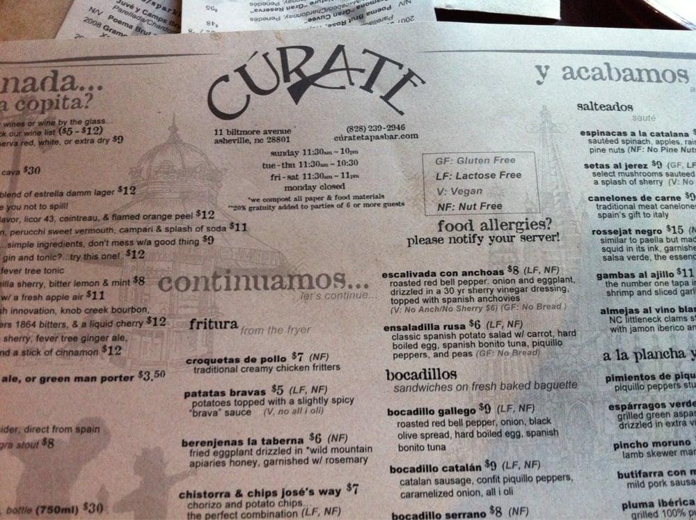 Menu at Cúrate pub & bar, Asheville