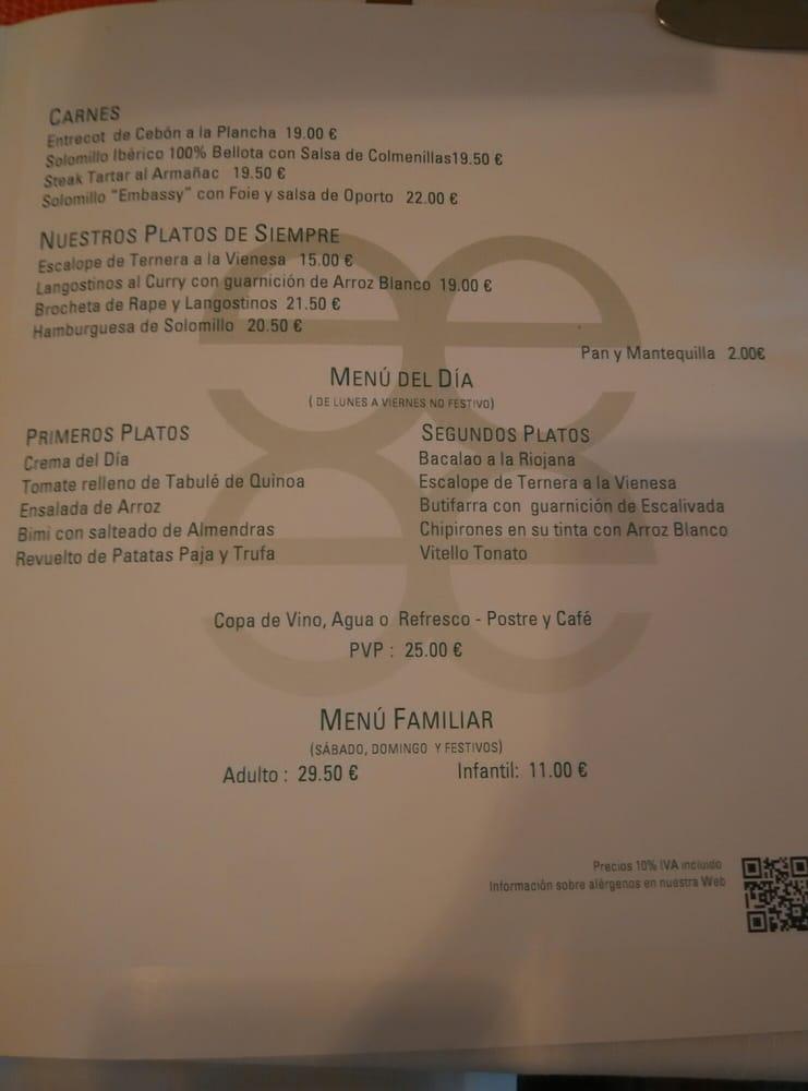 Menu at Embassy restaurant, Madrid, P.º de la Castellana