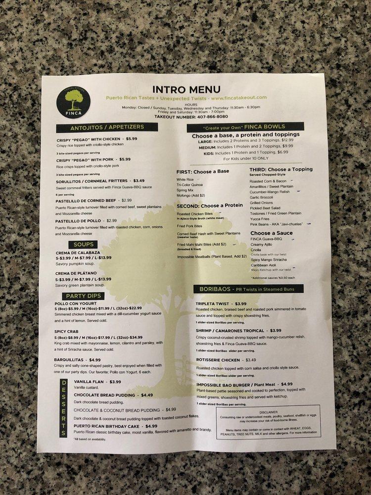 Menu at Finca-Casual Kitchen restaurant, Orlando